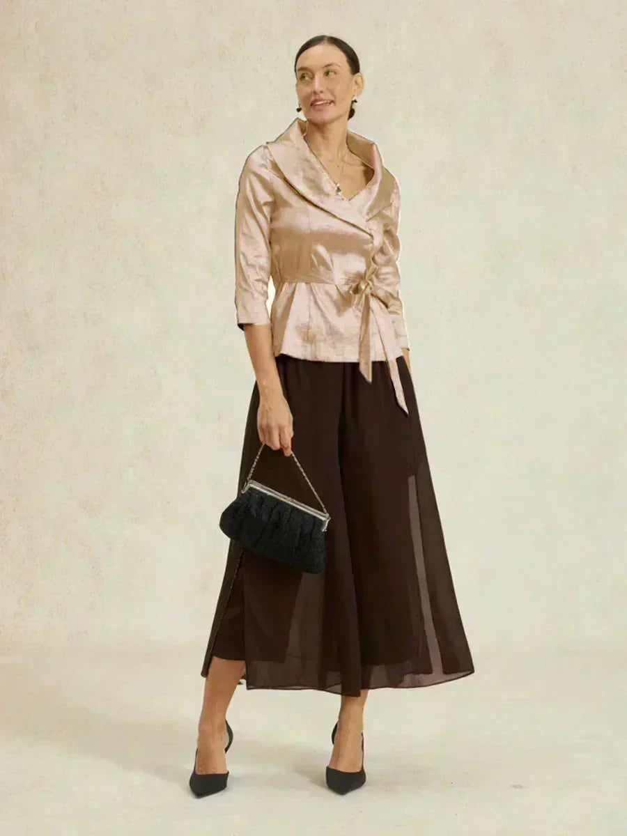 Cropped Length Straight Leg Pant With Chiffon Split Leg Overlay – msglamor